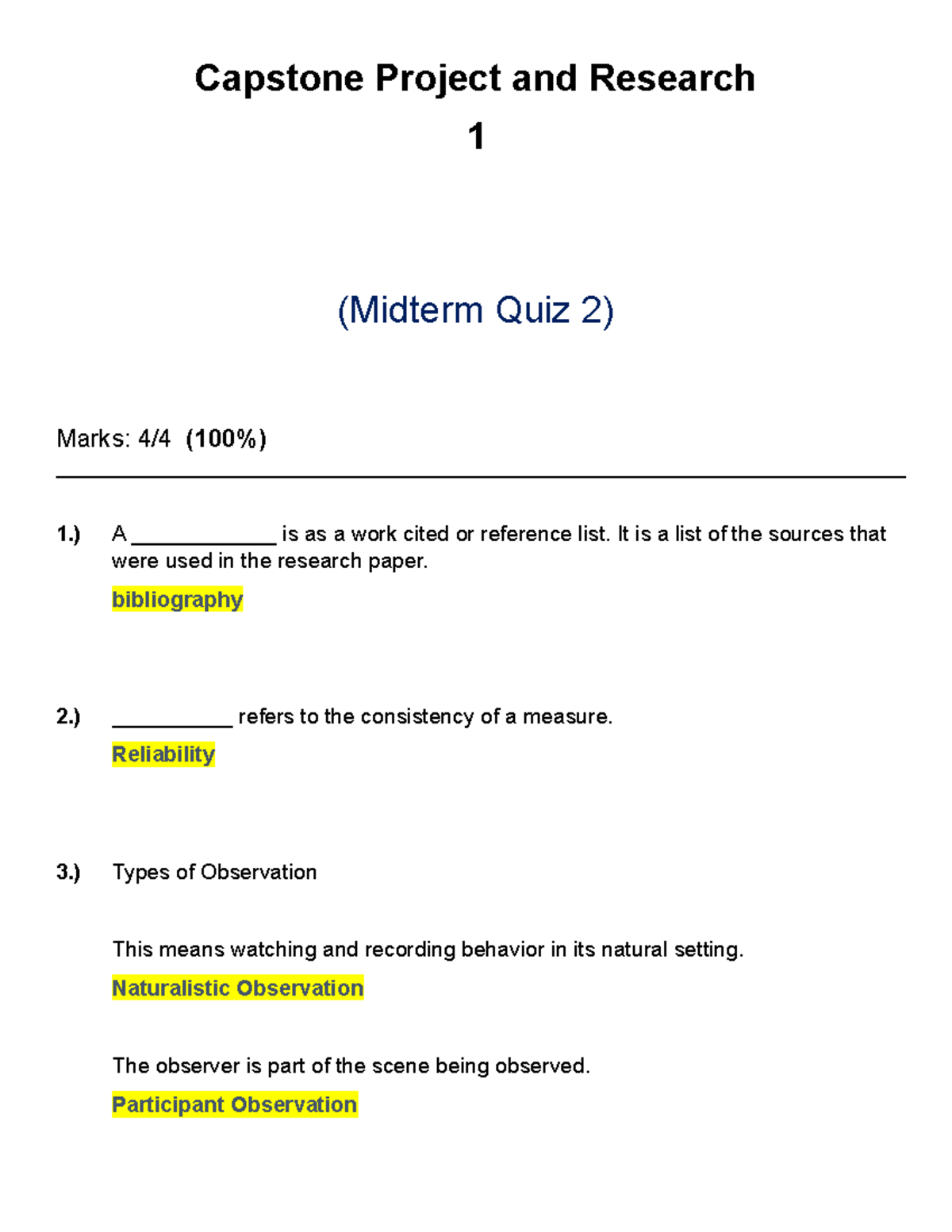 Capstone Project & Research 1 Midterm Quiz 2 Answers and Insights - Studocu