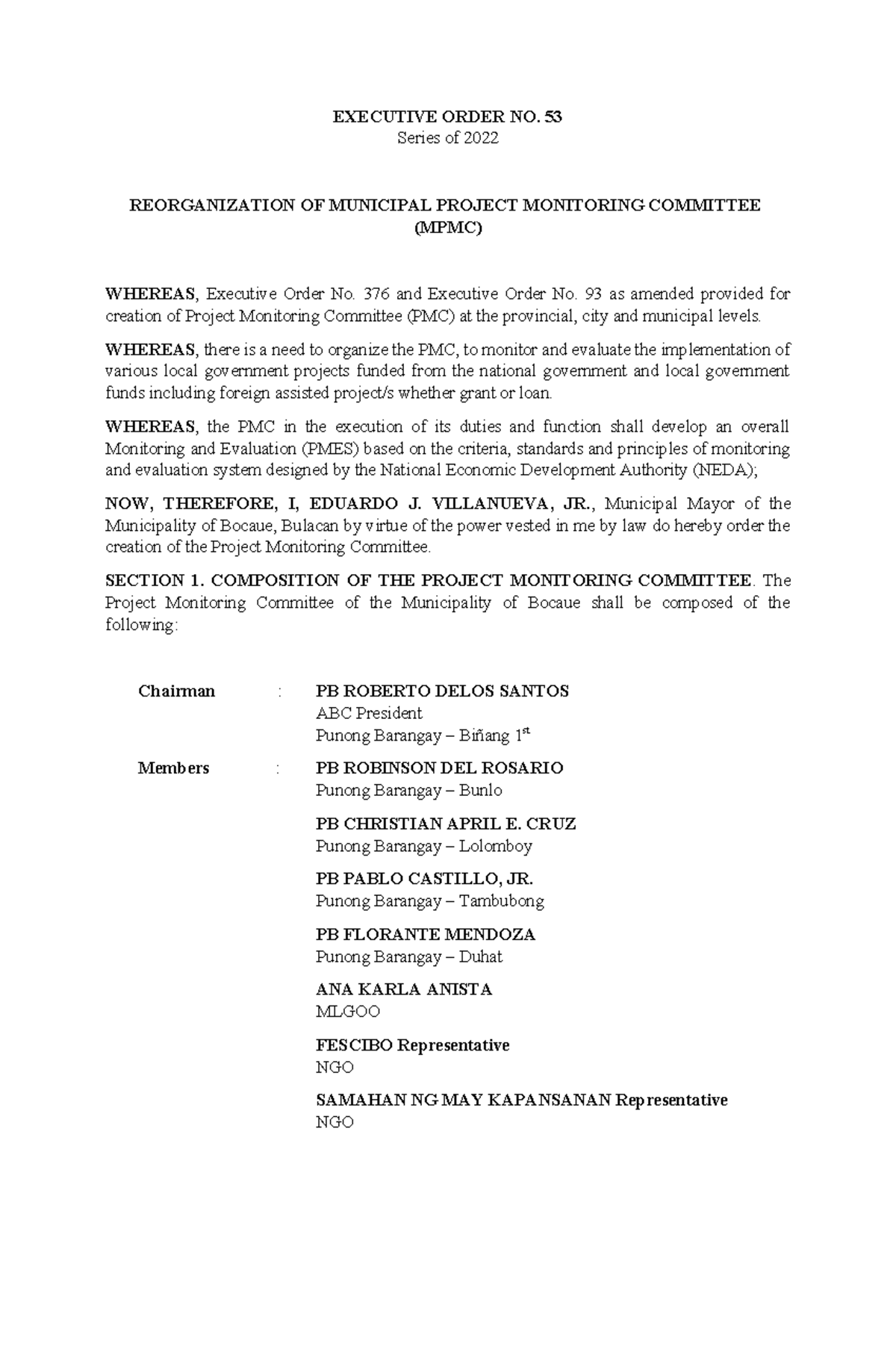 Executive Order No. 53, Series of 2022: MPMC Reorganization - Studocu