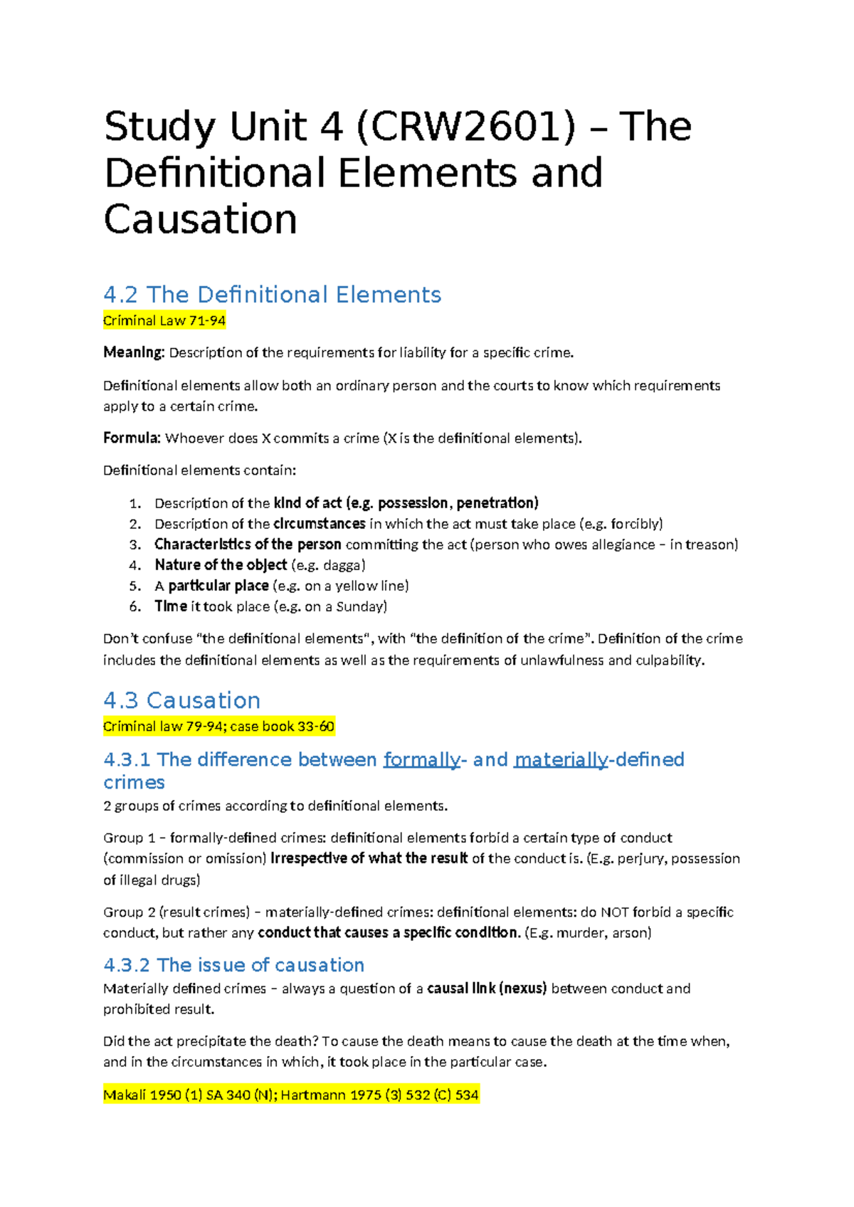 CRW2601 Study Unit 4: Definitional Elements & Causation Explained - Studocu
