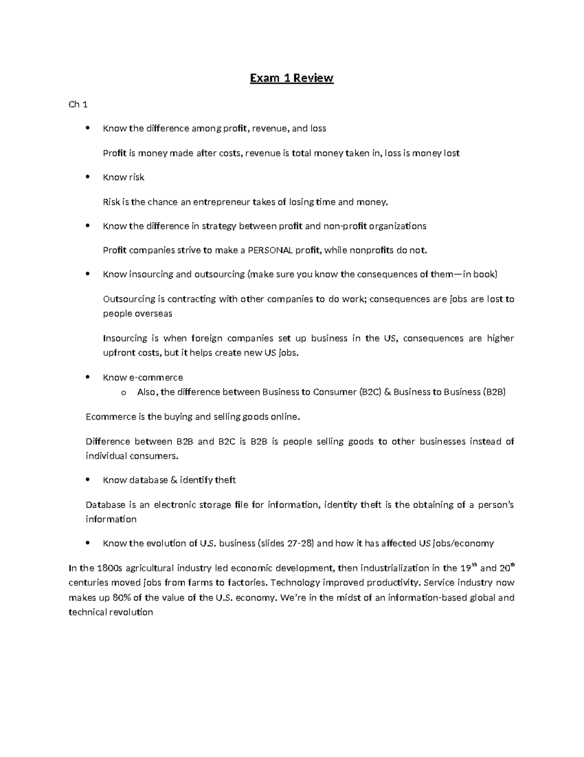 Business Fundamentals BUS101 Exam 1 Review: Key Concepts & Terms - Studocu