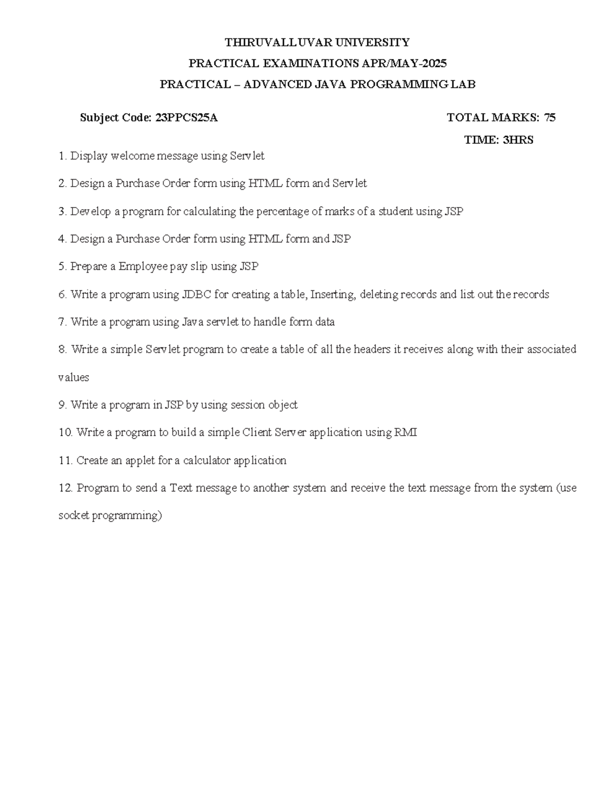 Practical Exam Questions for Advanced Java Programming Lab (23PPCS25A ...