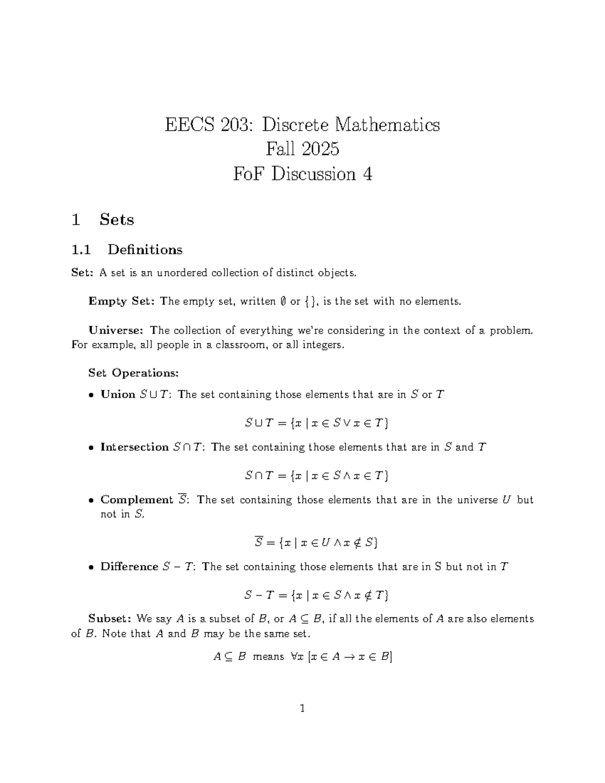 EECS 203: Discrete Mathematics Fall 2025 Discussion 4 Worksheet - Studocu