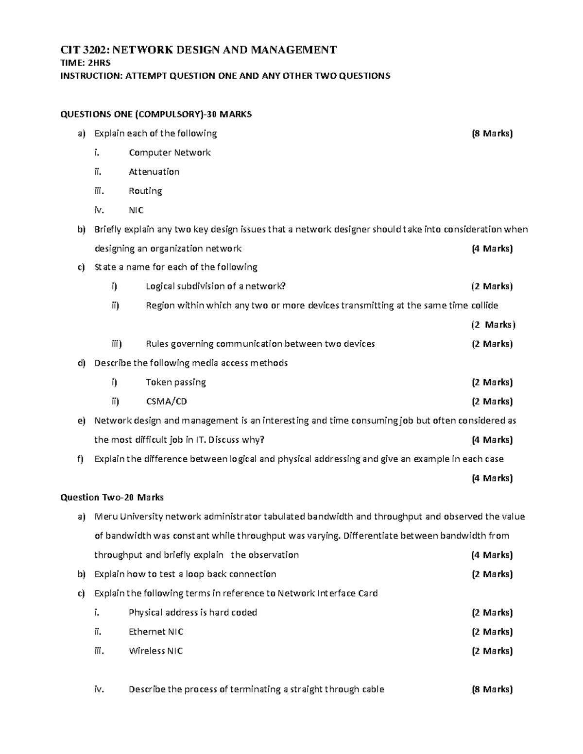 CIT 3202: Network Design & Management Sample Exam Questions - Studocu