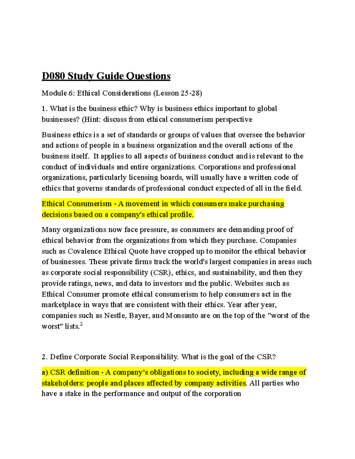 D080 Module 6 Study Guide: Ethical Considerations in Business - Studocu