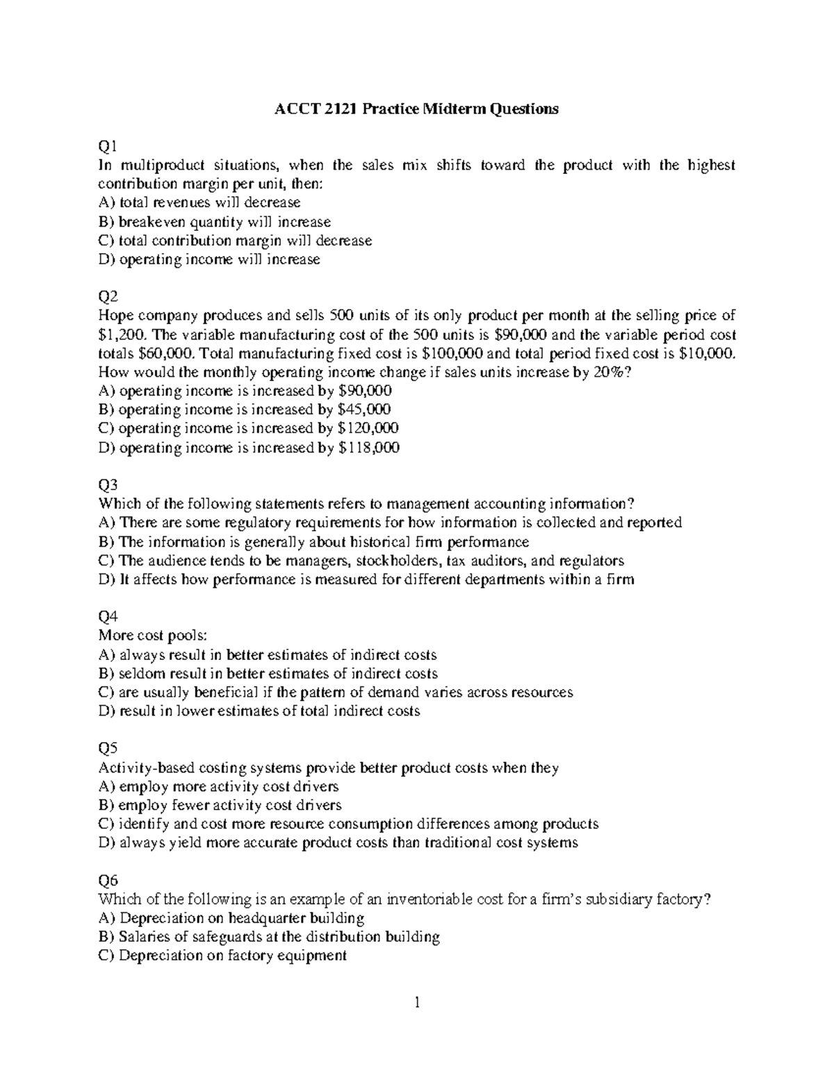 ACCT 2121 Practice Midterm Questions and Answers - Studocu