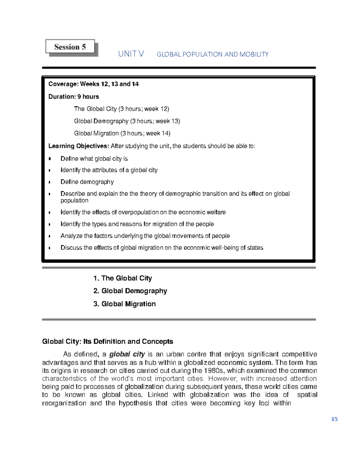 UNIT V: Global Population & Mobility - Global Cities, Demography ...