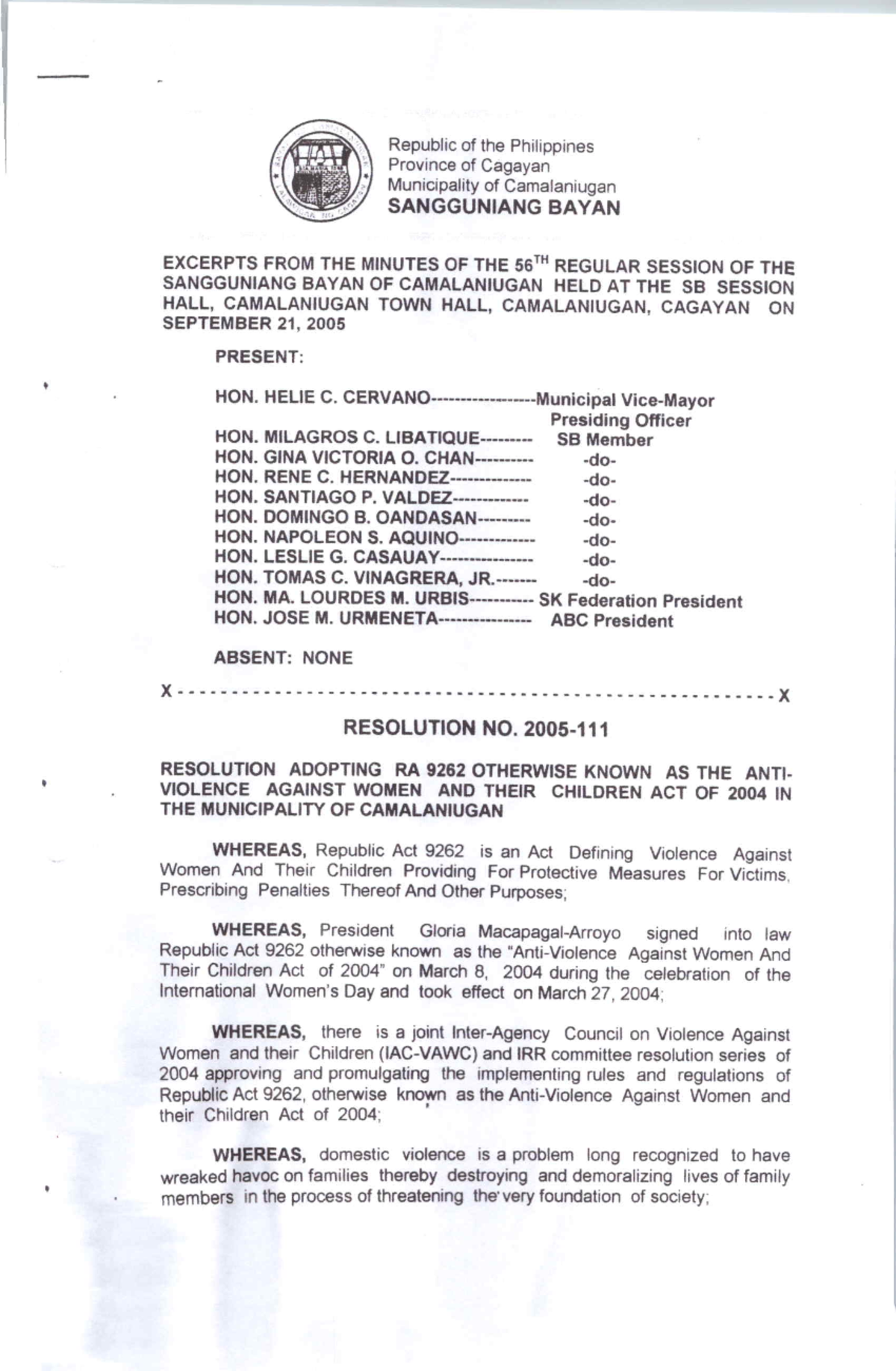 Resolution-2005-111 - sample - Republic of the Philippines Province of ...