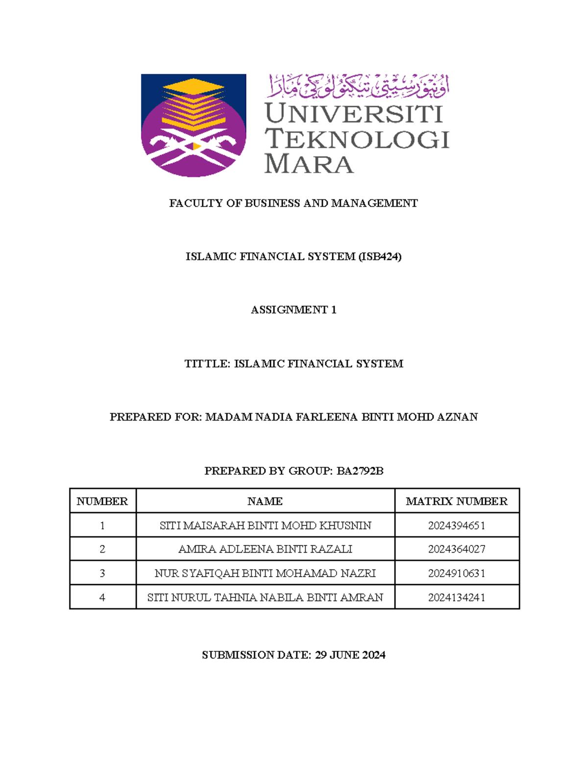 ISB 424 Group Assignment: Understanding the Islamic Financial System ...