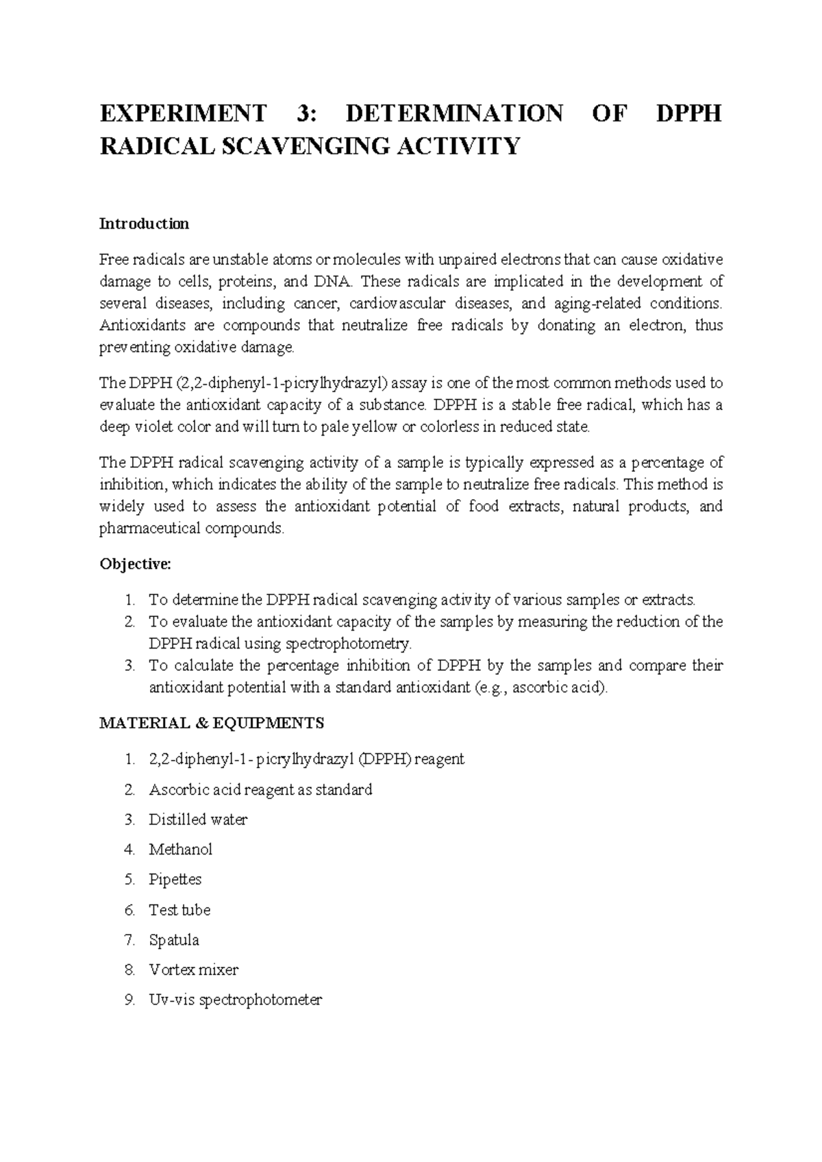 Experiment 3: DPPH Radical Scavenging Activity Analysis - Studocu