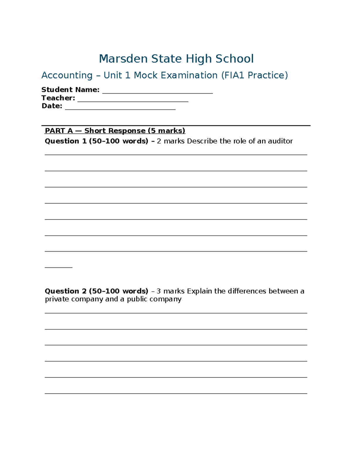 FIA1 Mock Exam: Accounting Unit 1 Practice Test at Marsden SHS - Studocu
