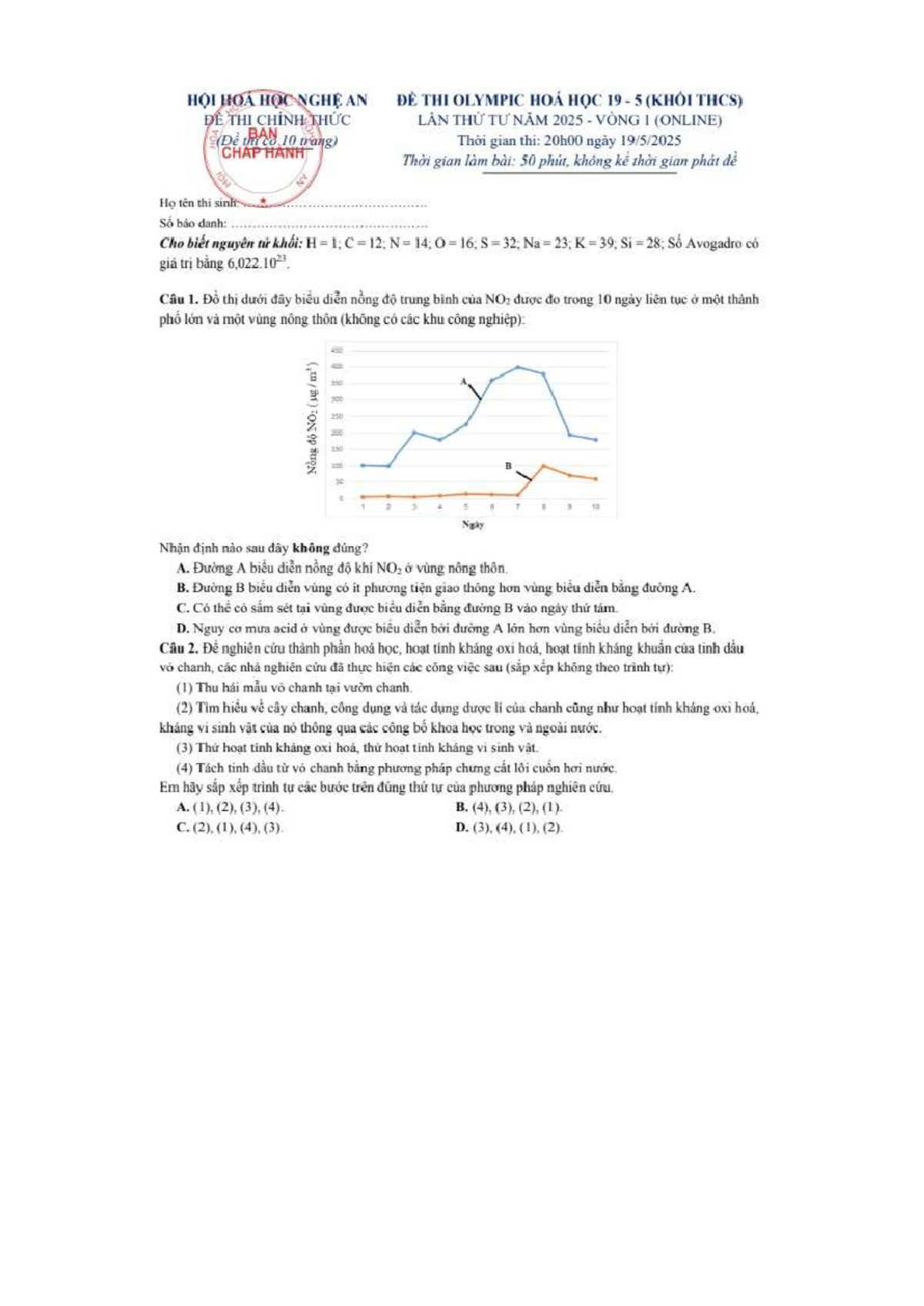 Đề Thi Olympic Hóa HQC 19 5 (Khối THCS) Năm 2025 - Vòng 1 (Online ...