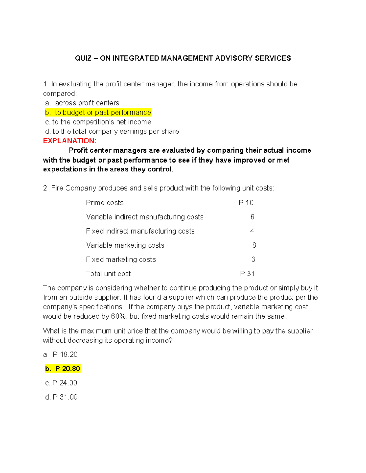 QUIZ 8 ON INTEGRATED MANAGEMENT ADVISORY SERVICES - Studocu