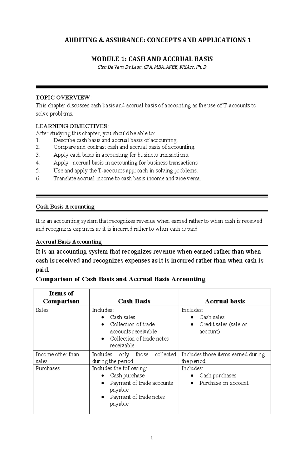 AUDITING ASSURANCE: MODULE 1 - CASH AND ACCRUAL BASIS OVERVIEW - Studocu