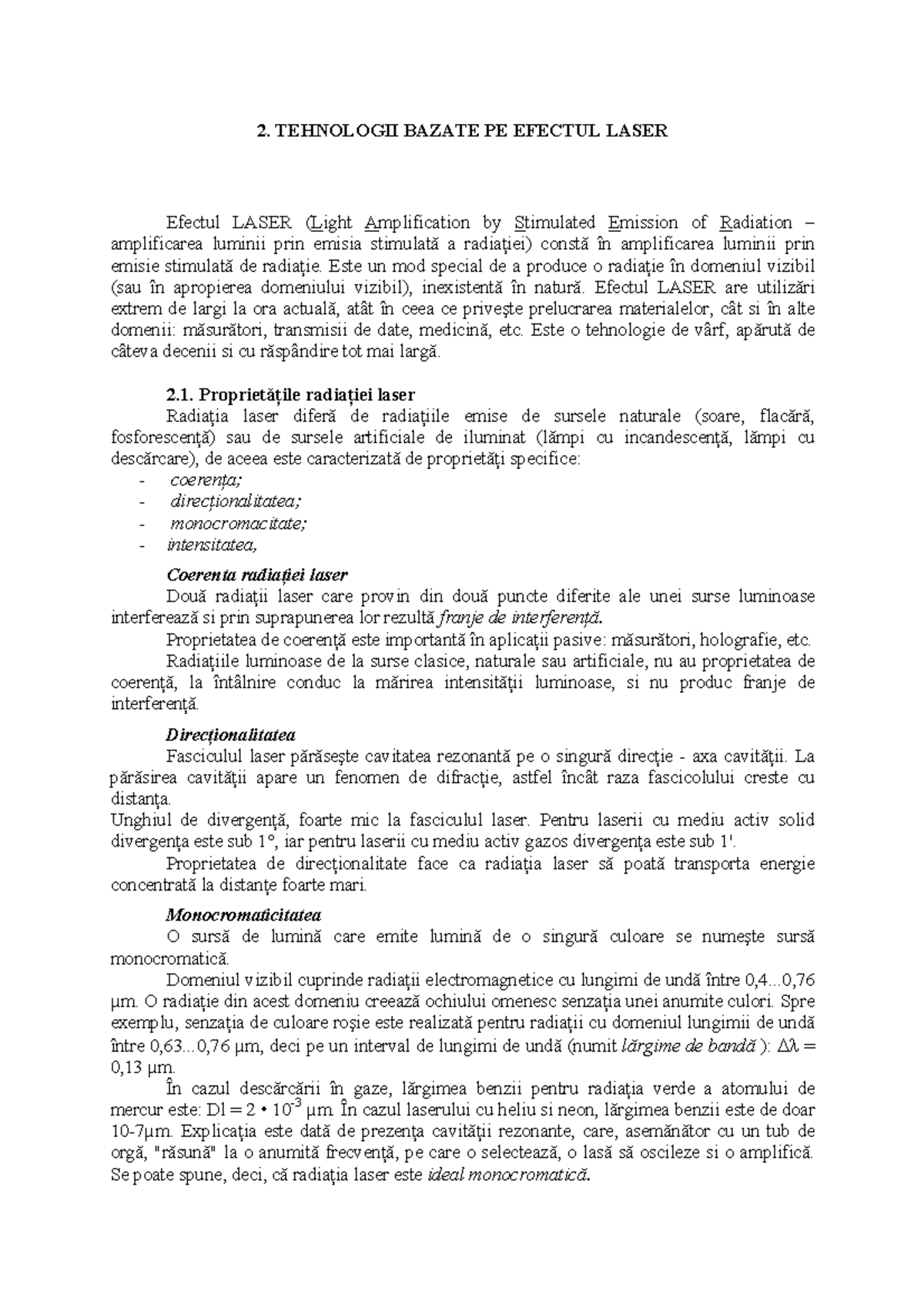 Tehnologii Laser: Efecte, Proprietăți și Aplicații (2. TEHNOLOGII ...