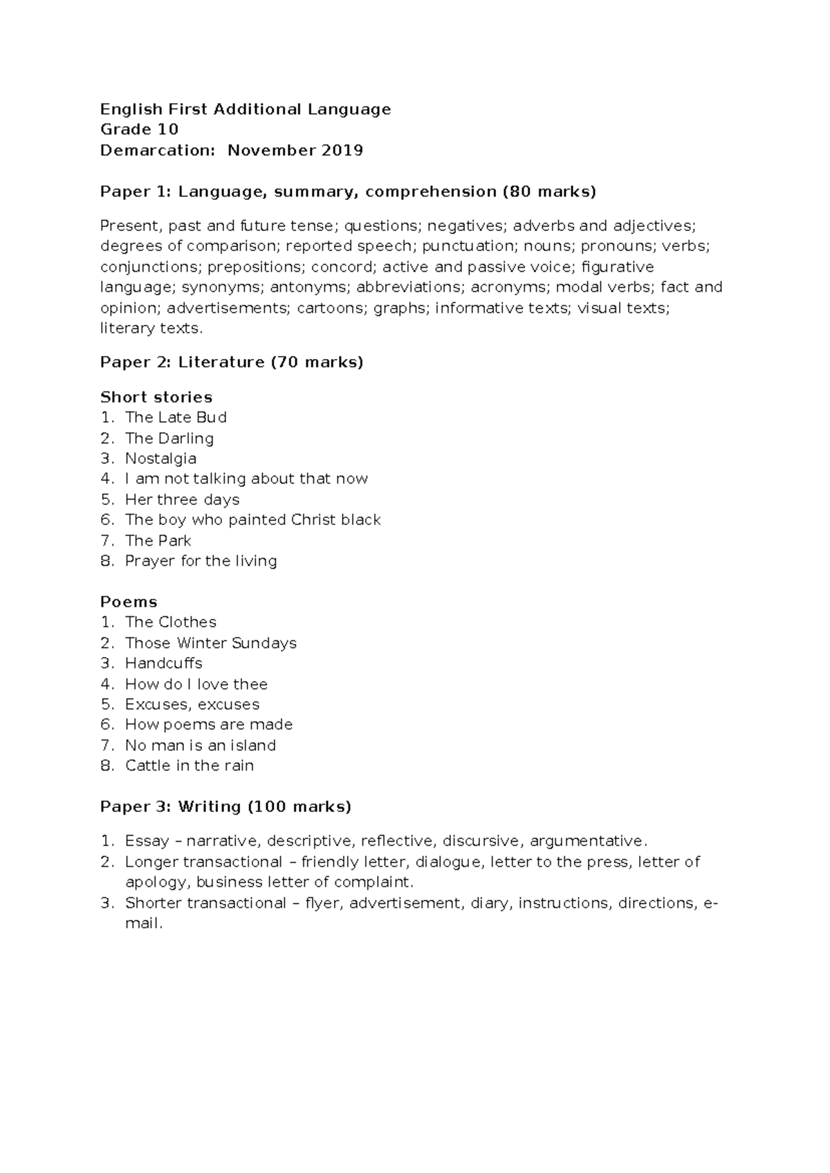 Gr10 English First Additional Language Nov 2019 Demarcation Guide - Studocu