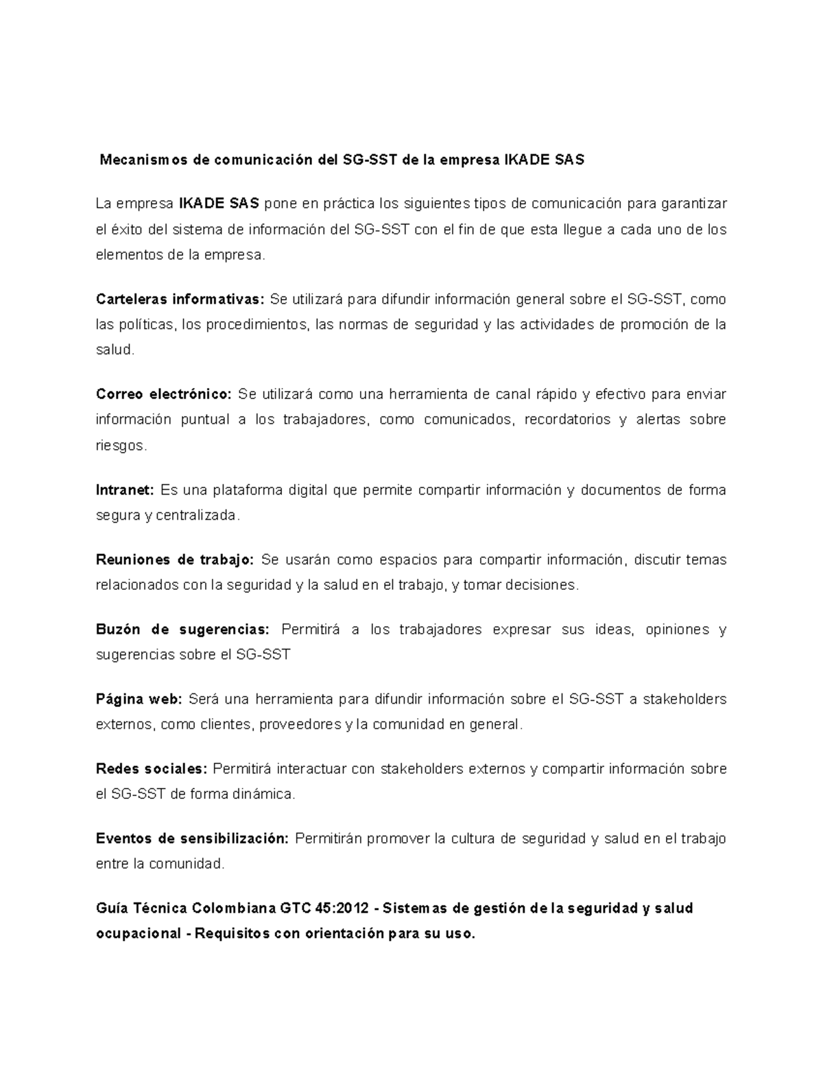 Mecanismos de Comunicación del SG-SST en Ikade SAS: Análisis ...