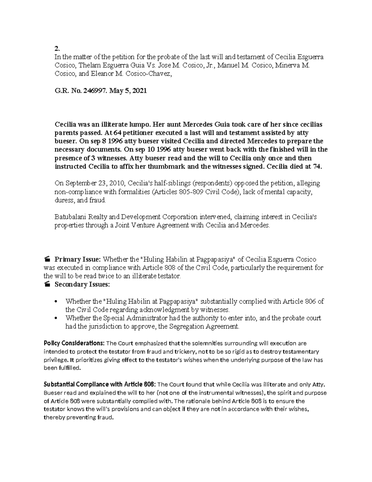 Probate Case Study: Cecilia Esguerra Cosico's Last Will (G.R. No ...