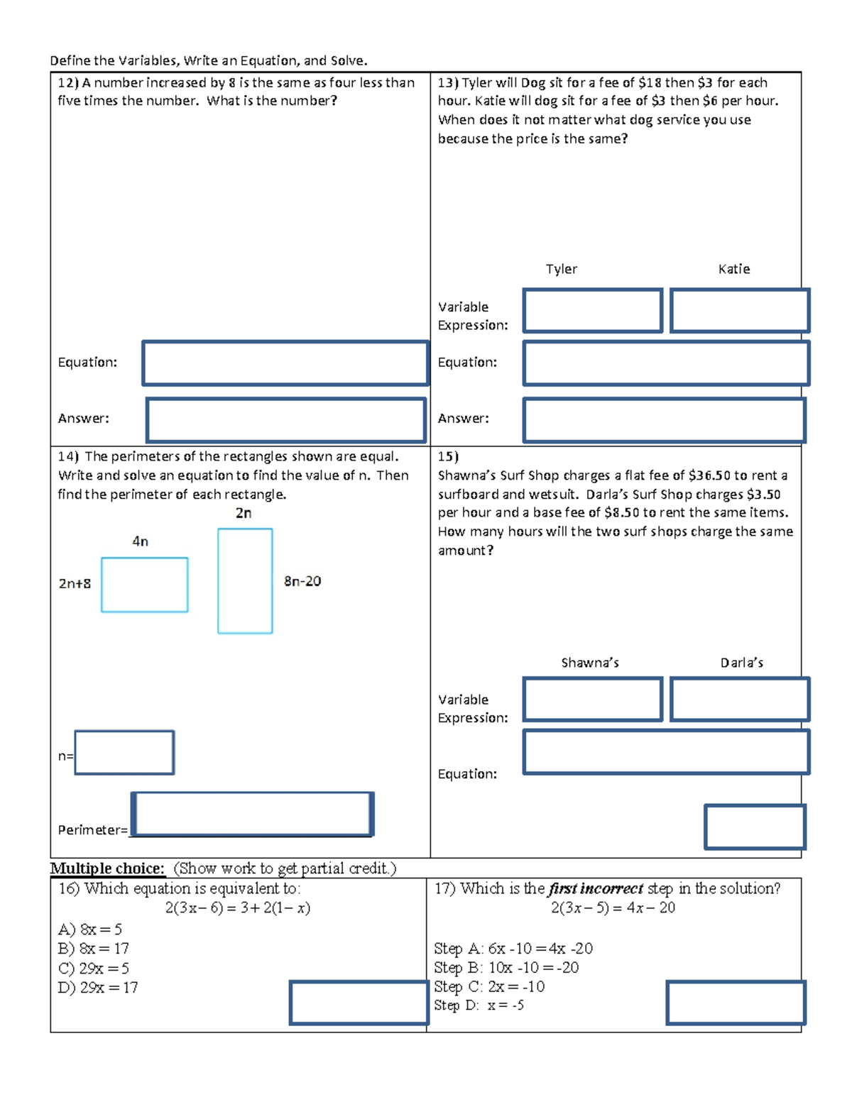 Math 8 Unit 4 Practice Quiz: Define Variables, Write & Solve Equations ...