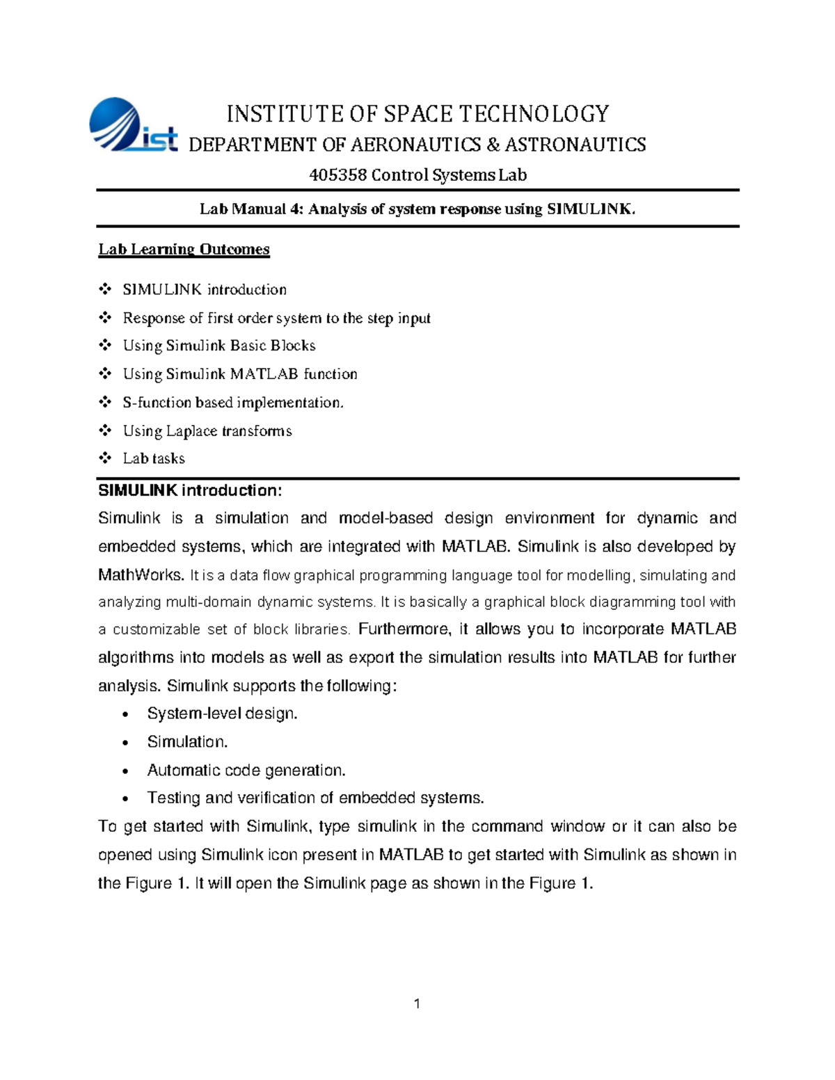 Lab 4 - Control Systems Response Analysis Using SIMULINK (ASTR 405358 ...