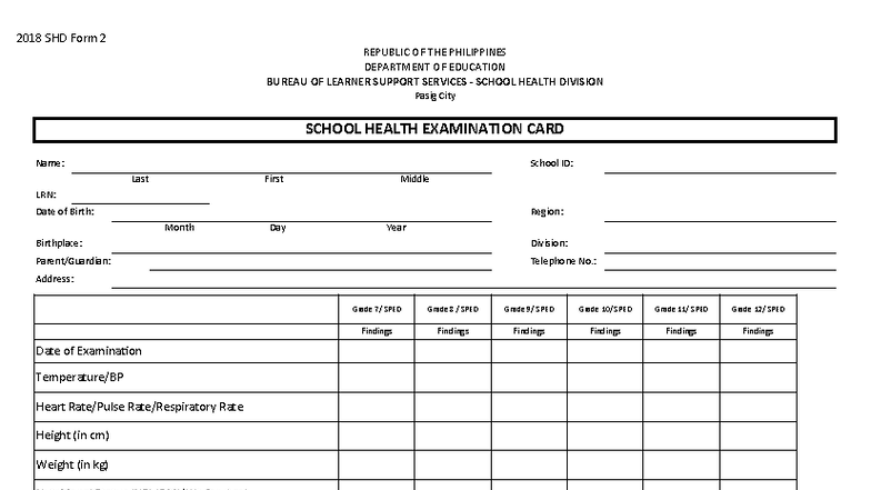 2018 SHD Form 2 School Health Examination Card for Students - Studocu