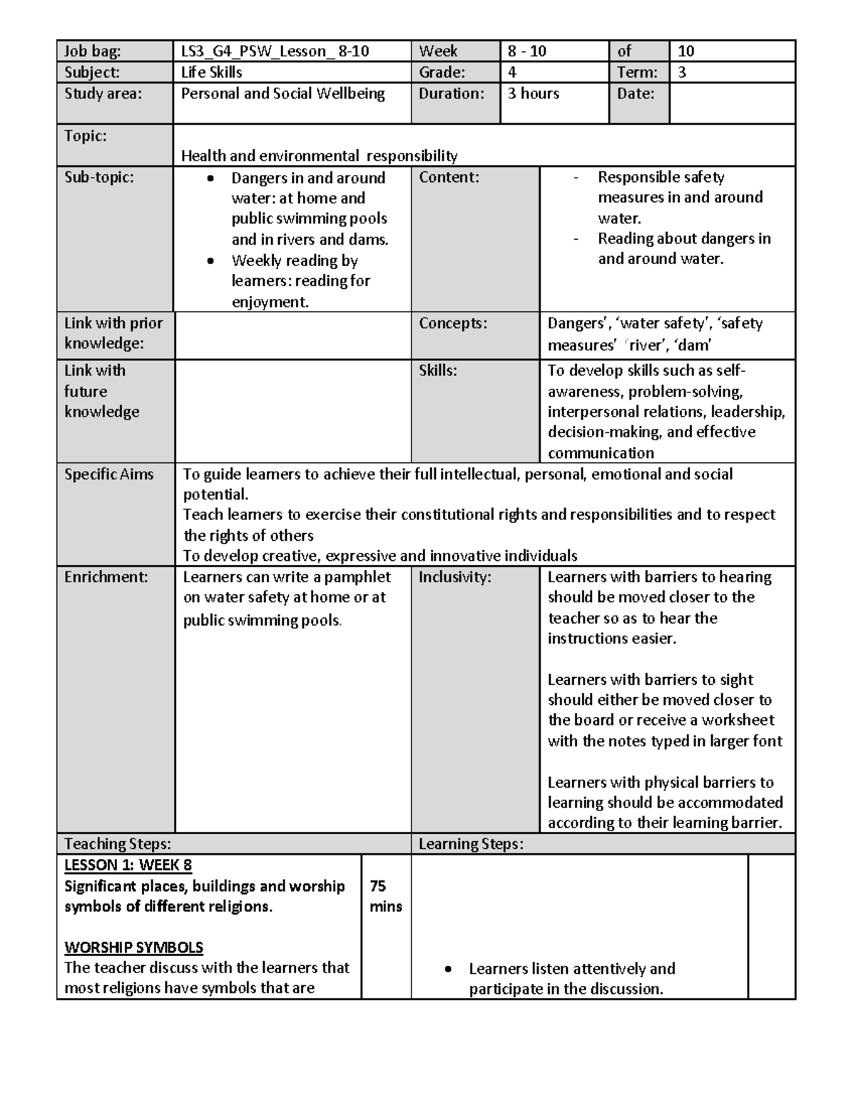 T3 G4 PSW Lesson: Water Safety & Responsible Measures (Weeks 8-10 ...