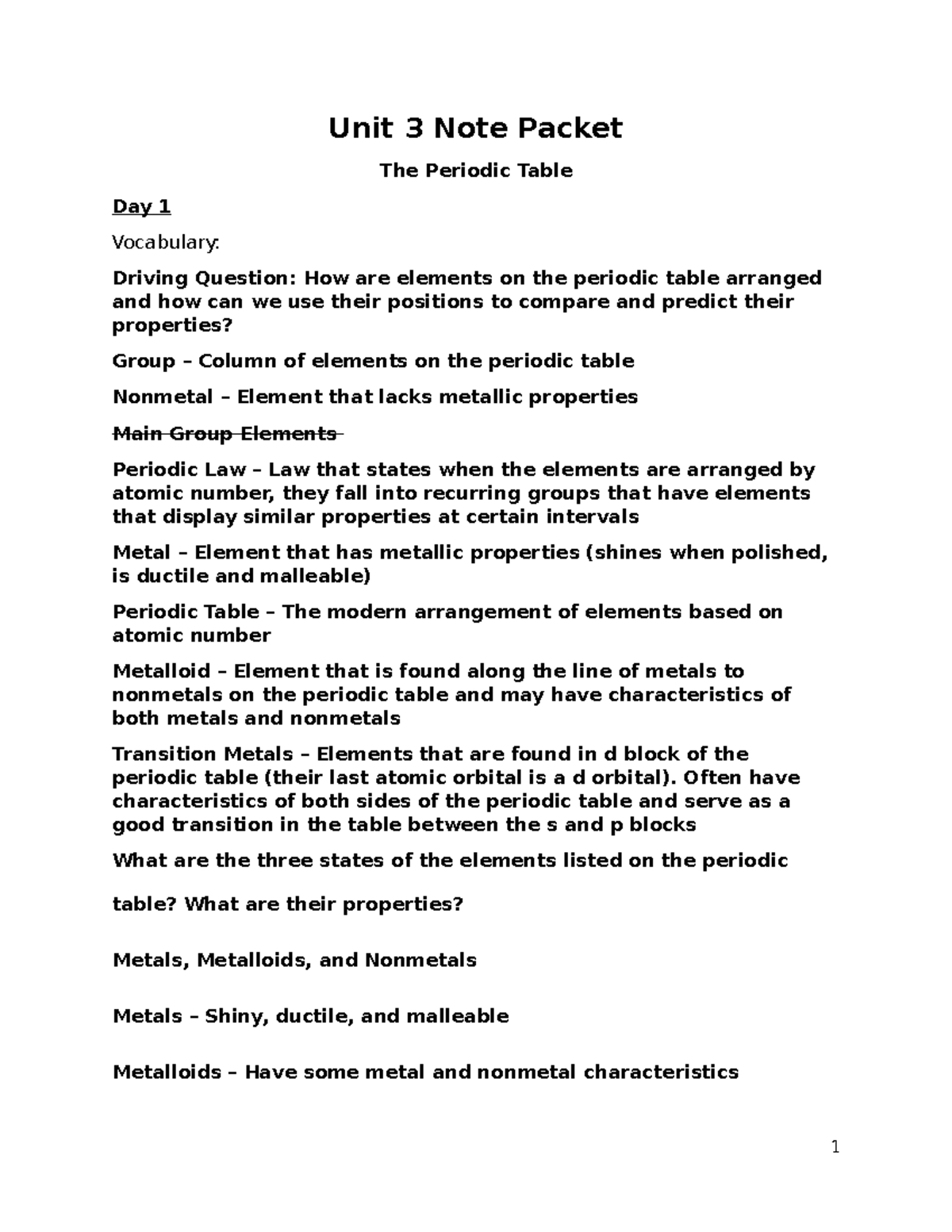 Unit 3 Note Packet: Trends and Properties of the Periodic Table - Studocu