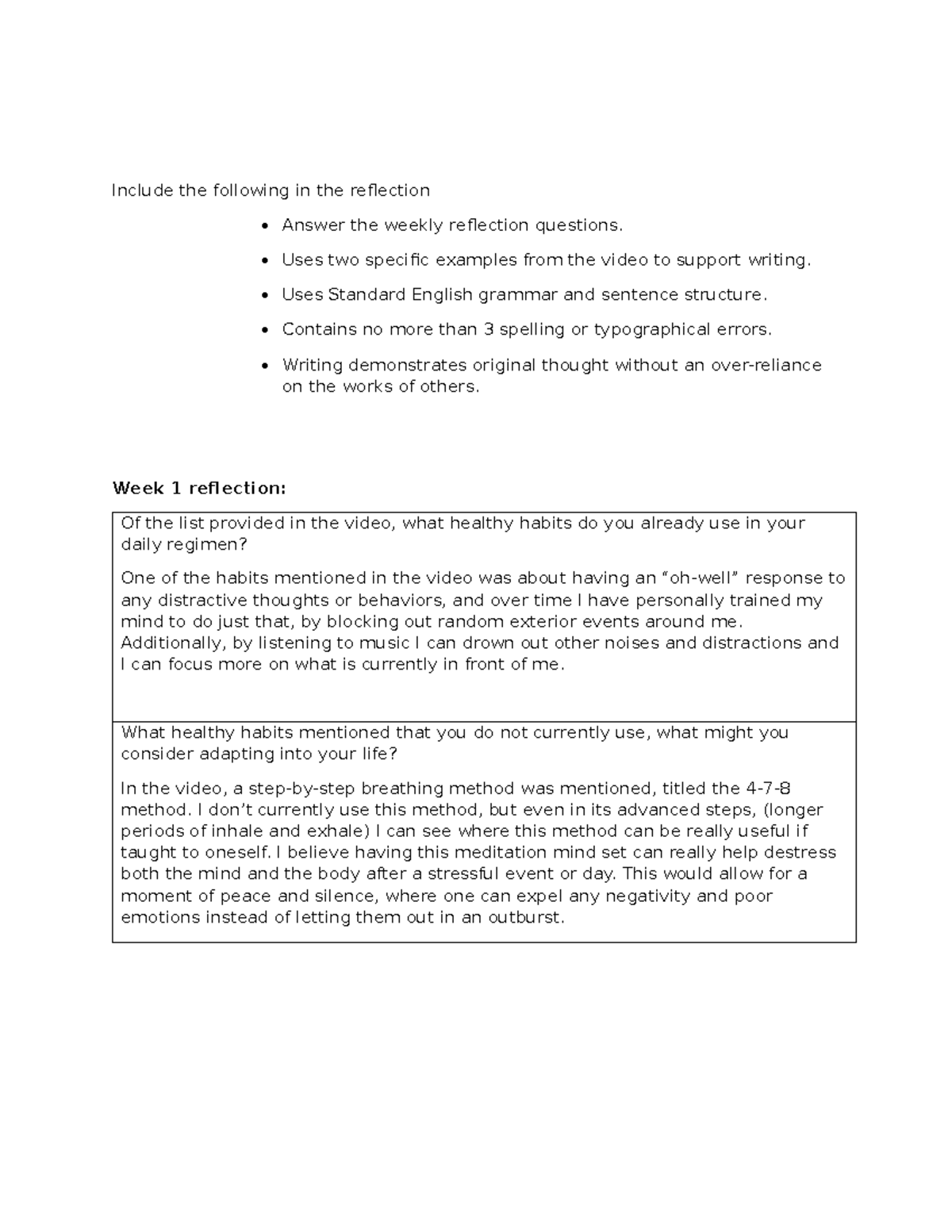 Mindfulness reflection week 1: Healthy habits and personal insights ...