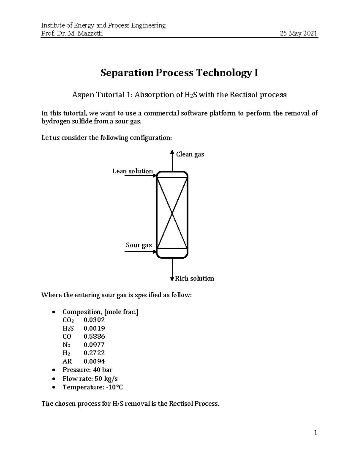 Separation Process Technology I: Aspen Tutorial on H2S Removal - Studocu
