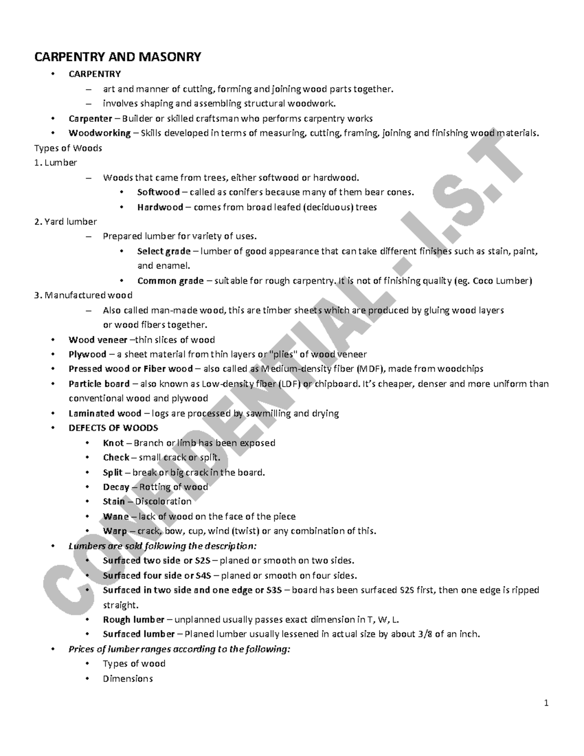 TLE- Final Exam Reviewer on Carpentry and Masonry Concepts - Studocu