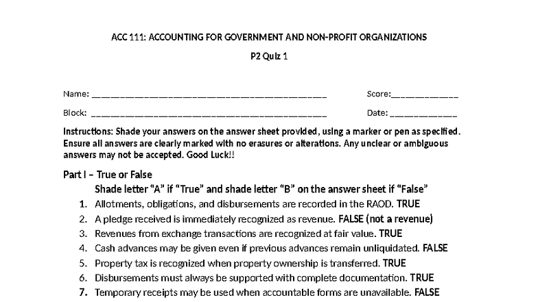 ACC 111 P2 Quiz 1: Government Accounting Concepts and Practices - Studocu