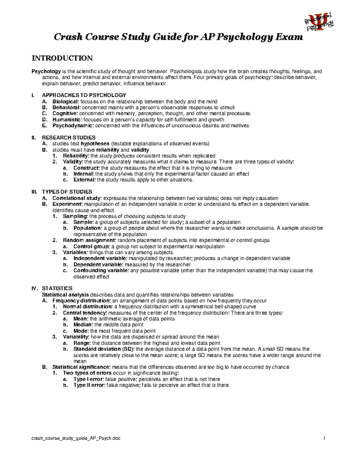 AP Psychology Crash Course Study Guide for Exam Preparation - Studocu