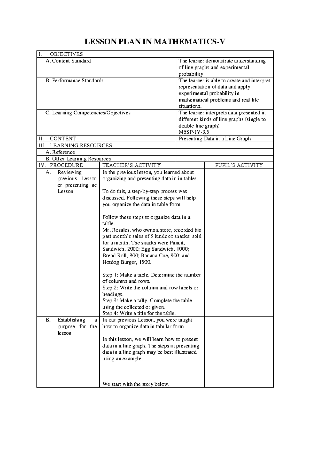M5SP-IV-3: Lesson Plan on Presenting Data in Line Graphs - Studocu