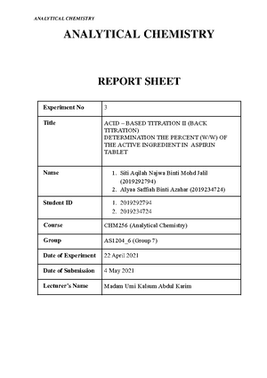 Tutorial 2 - CHM 256 TUTORIAL 2 EVALUATION OF EXPERIMENTAL DATA Give the answer to the following ...