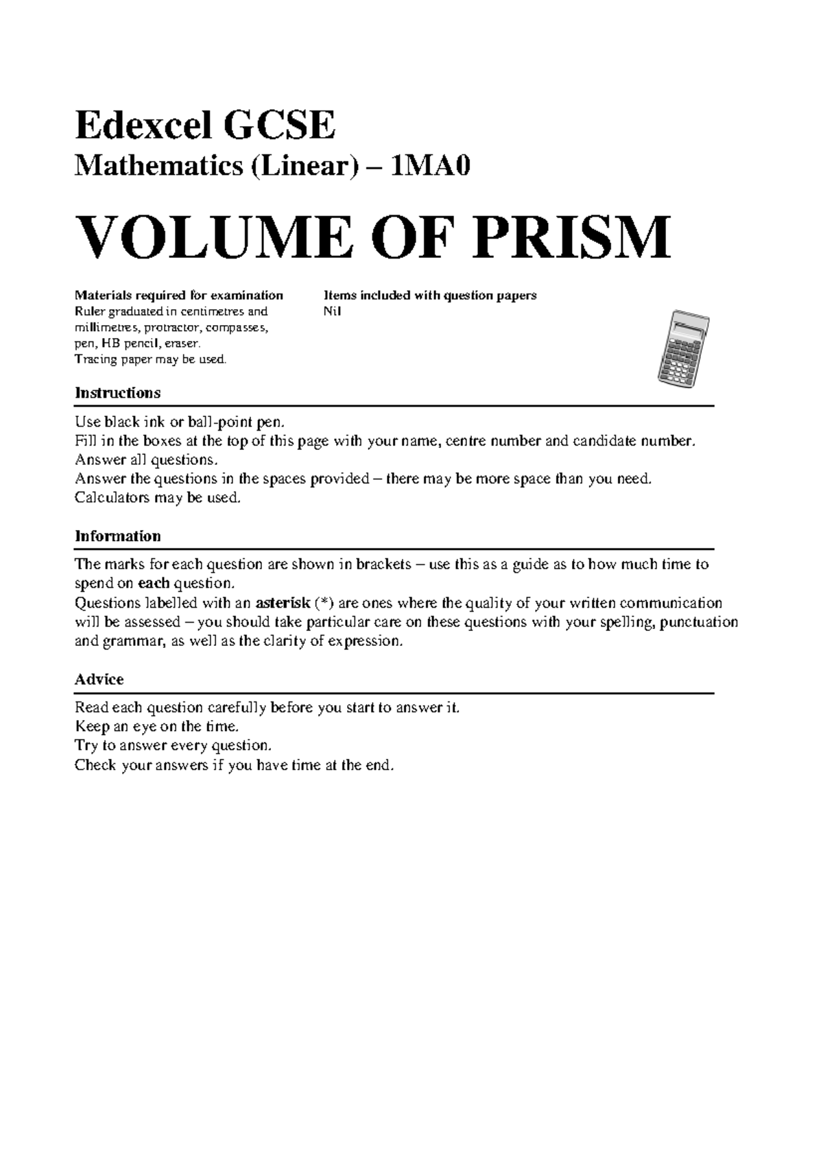 Edexcel GCSE Math (1MA) - Volume of Prism Exam Questions - Studocu