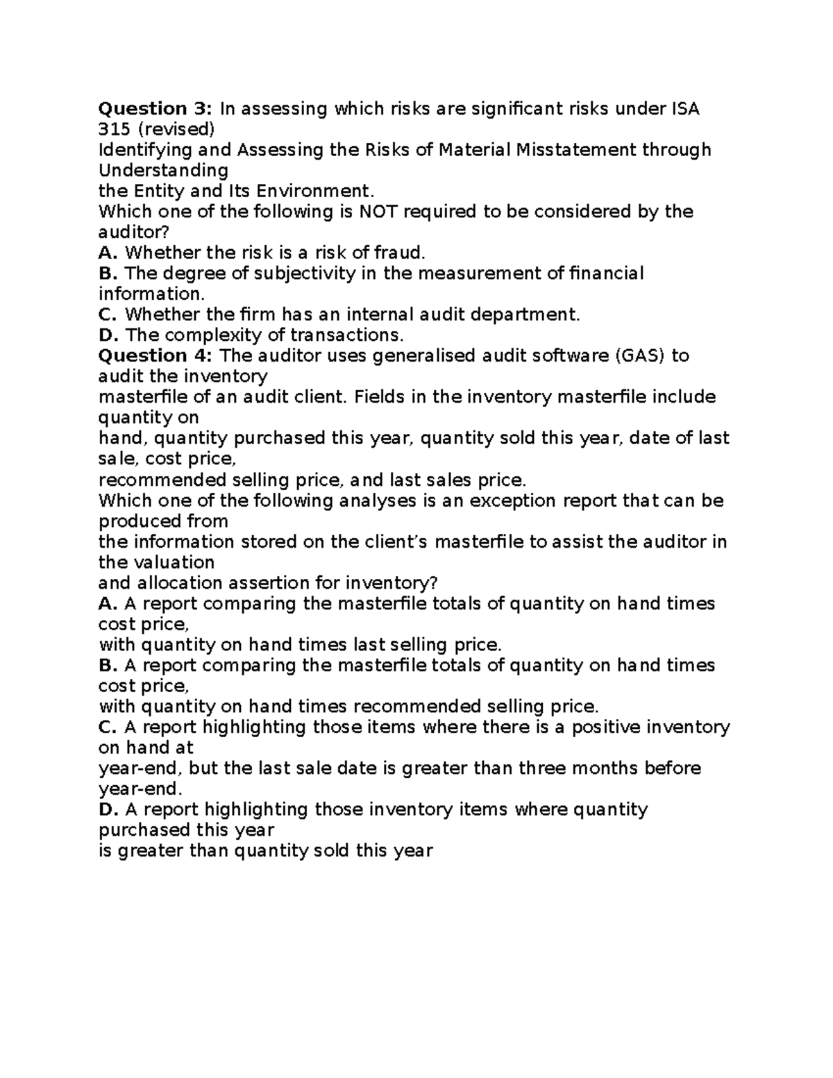 ISA 315 Risk Assessment Questions and GAS Exception Reports - Studocu