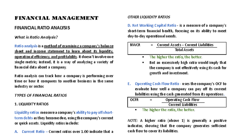 FIN 301: Financial Ratio Analysis - Liquidity, Solvency, and Profitability - Studocu