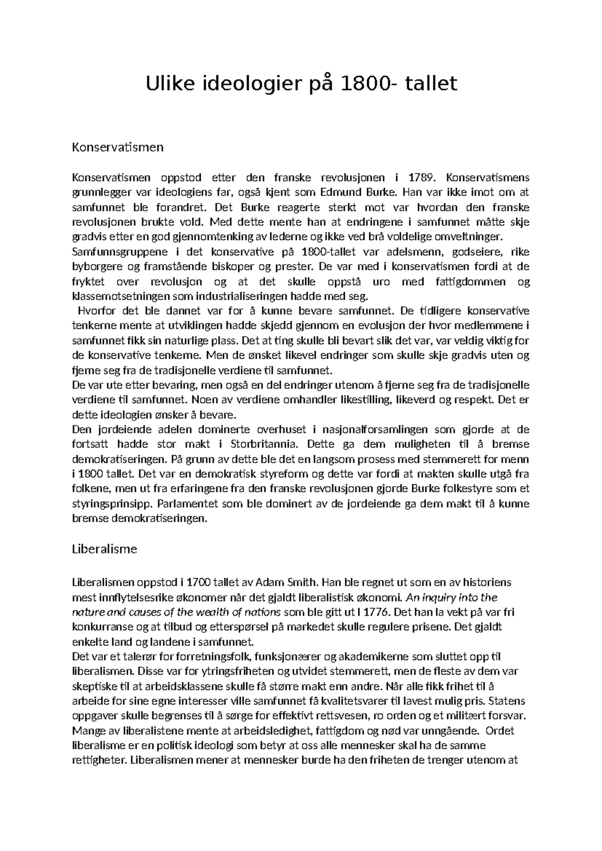 Ulike ideologier på 1800-tallet: Konservatisme, Liberalism, og ...