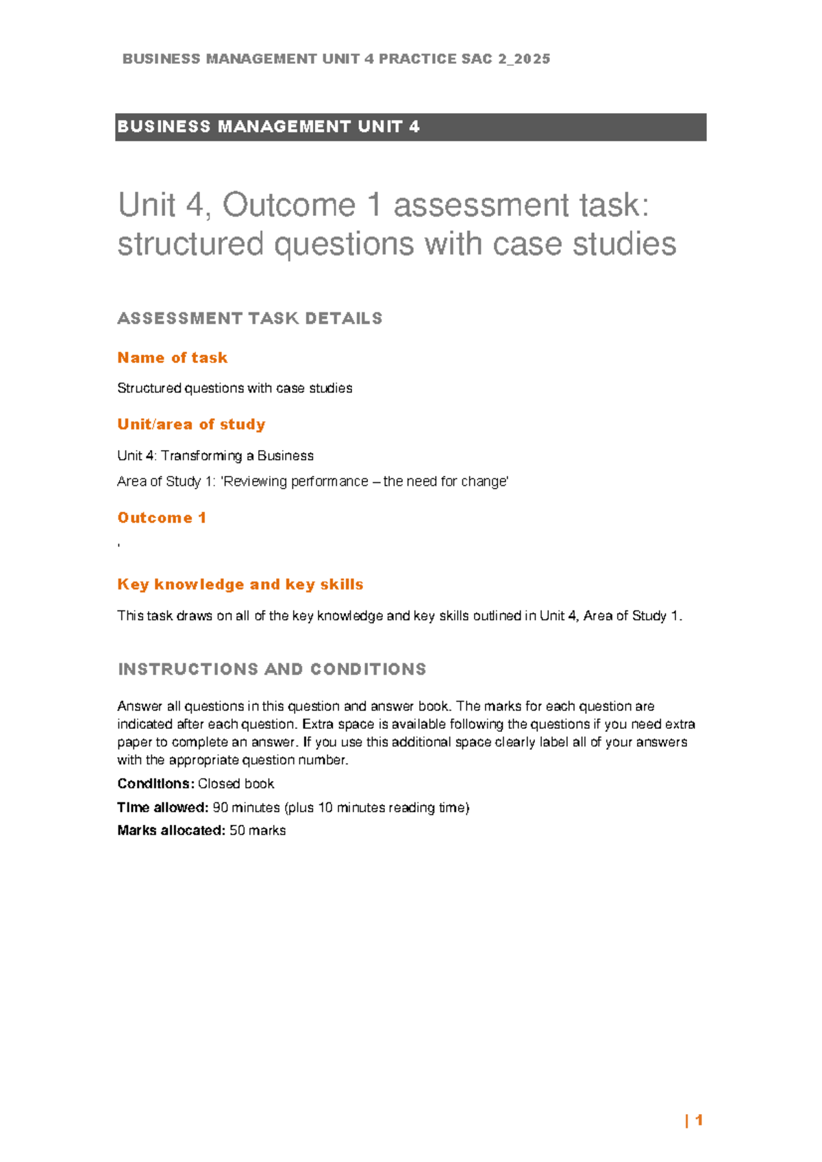 BUSINESS MANAGEMENT UNIT 4 AOS1 PRACTICE SAC 2_2025 - Studocu