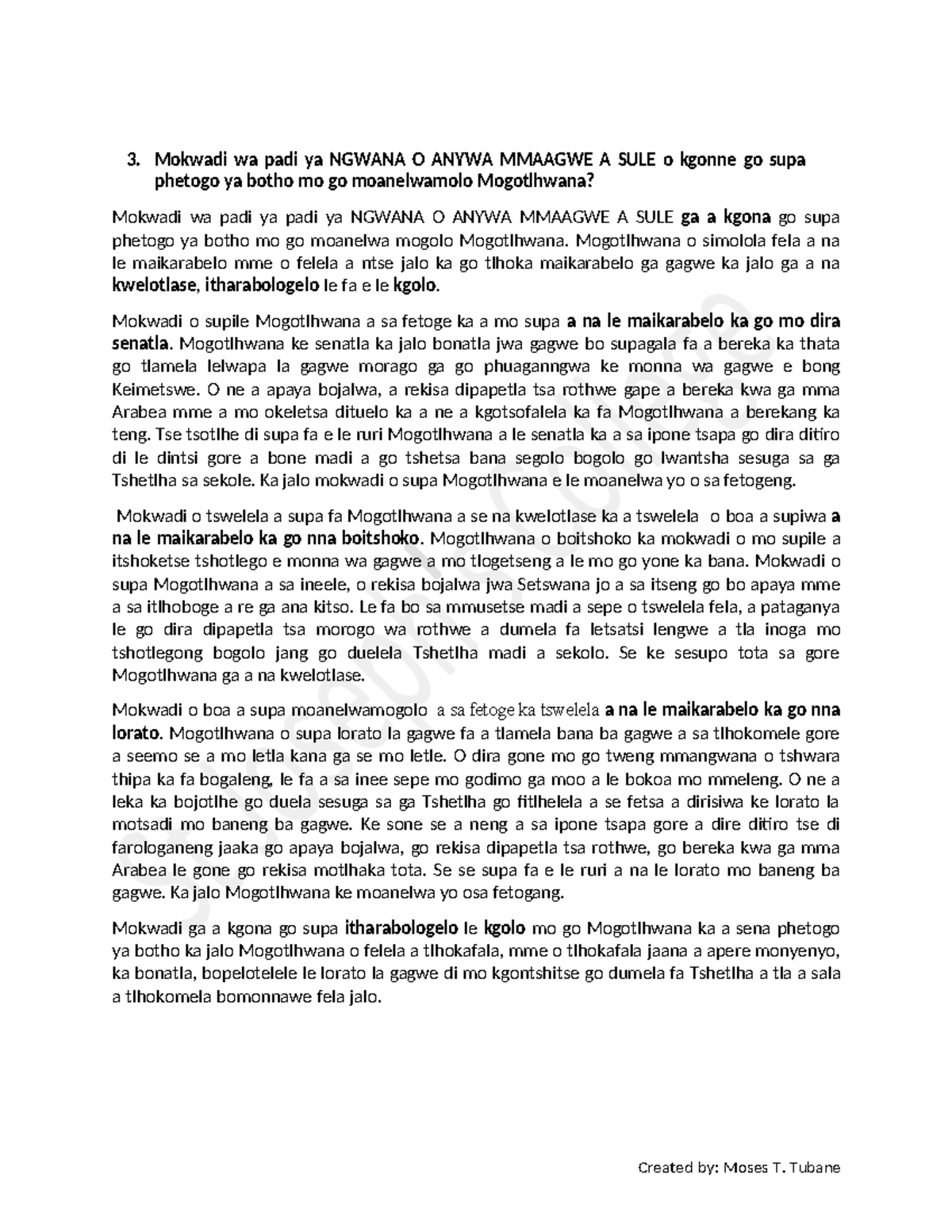 LETLAPA LE LE BOLELE: Tlhahlobo ya Ditiro le Seabe sa Modiri mo Motshamekong - Studocu