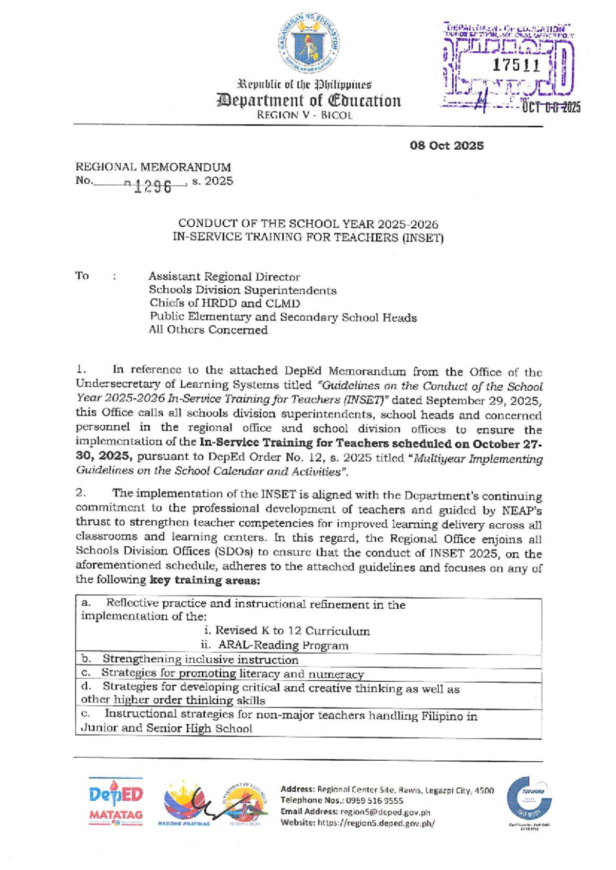 RM 1296 S. 2025: Conduct of SY 2025-2026 INSET for Teachers - Studocu
