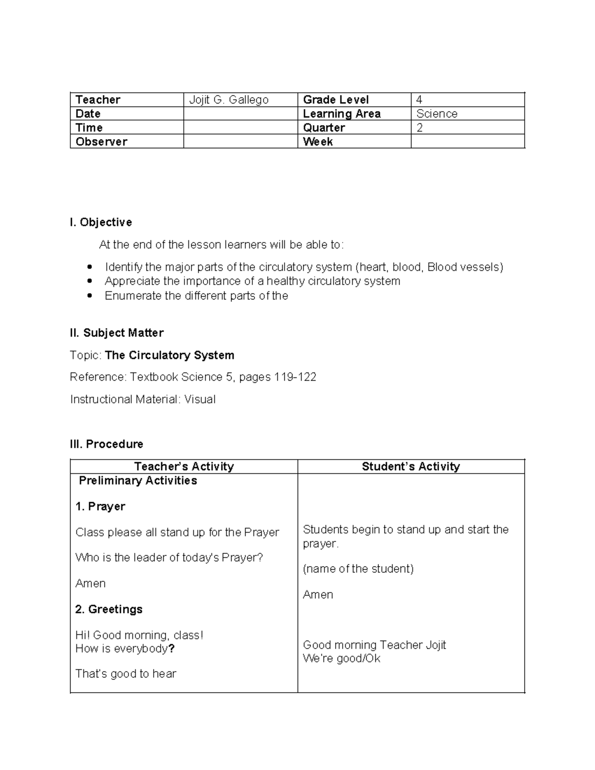 Grade 4 Science DLP: The Circulatory System - Lesson Details - Studocu