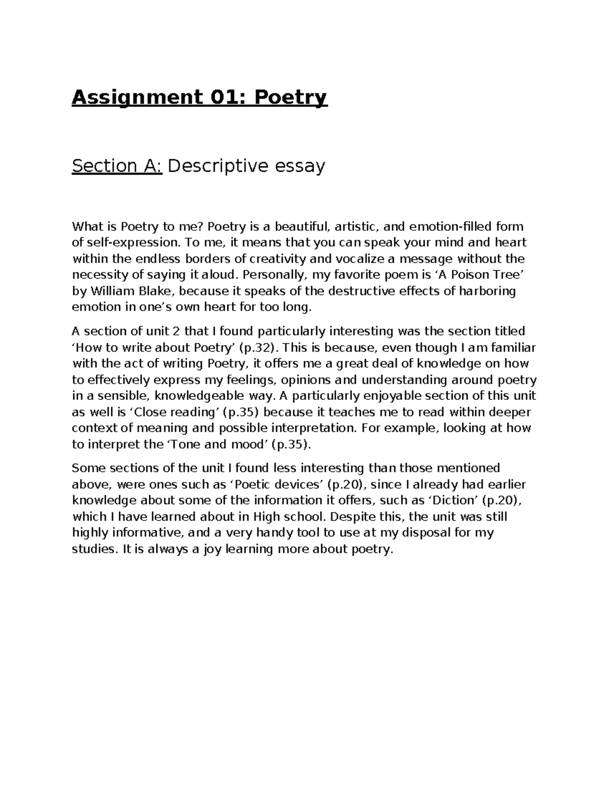 Assesment 1 - Mandatory task assessment 1 - Assignment 01: Poetry ...