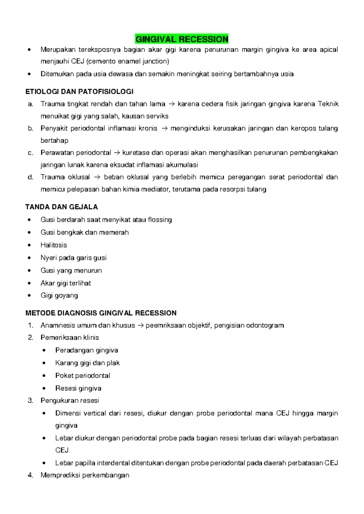 Resesi Gingiva: Etiologi, Gejala, Diagnosis, dan Penanganan - Studocu
