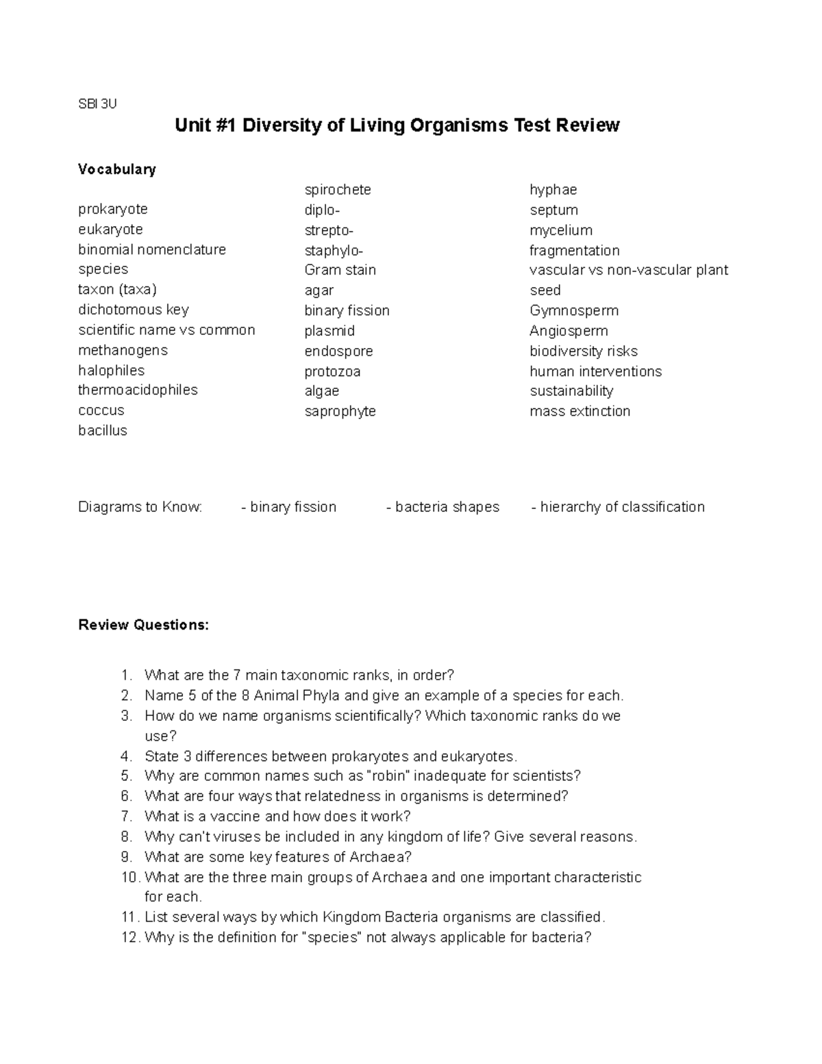 Unit 1 Test Review: Diversity of Living Organisms - SBI 3U - Studocu