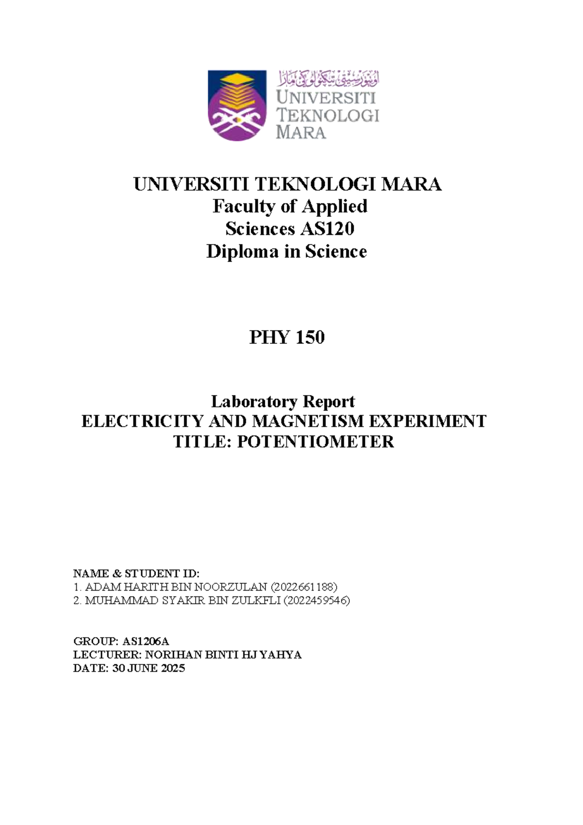 Lab Report AS120 PHY150: Potentiometer Experiment on Internal ...