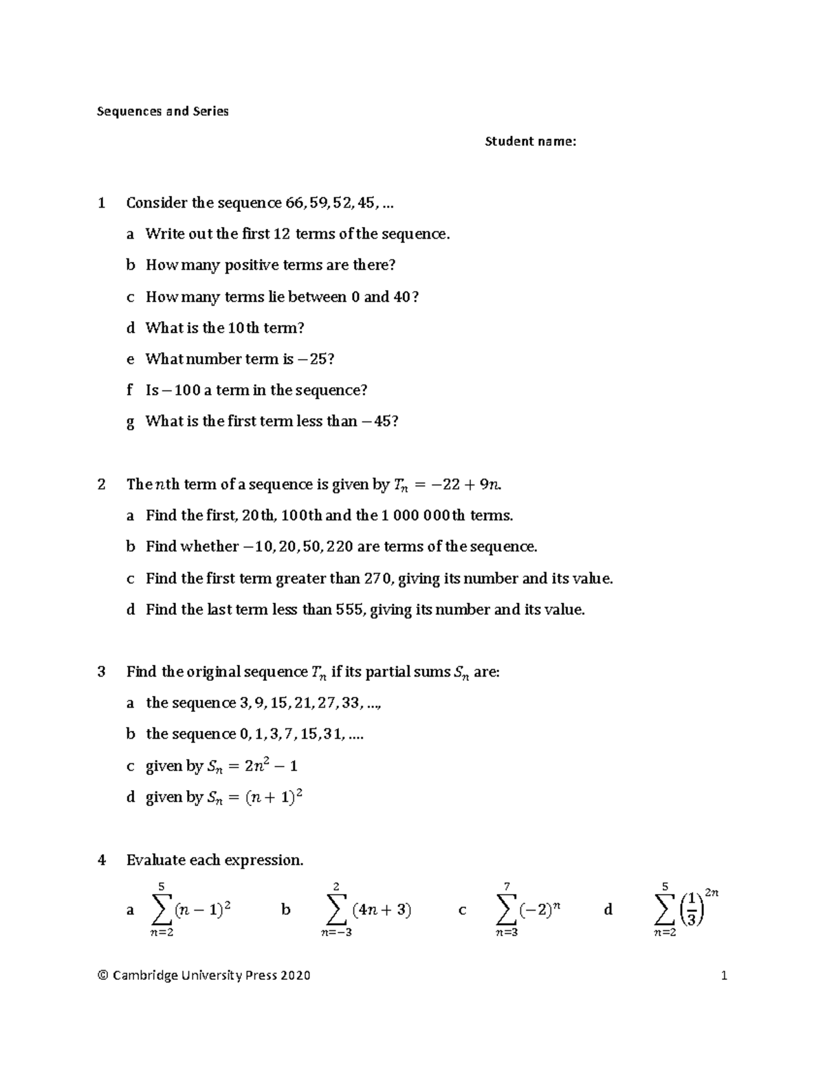 Chapter 1 Test: Sequences & Series for Yr 12 Advanced Students - Studocu