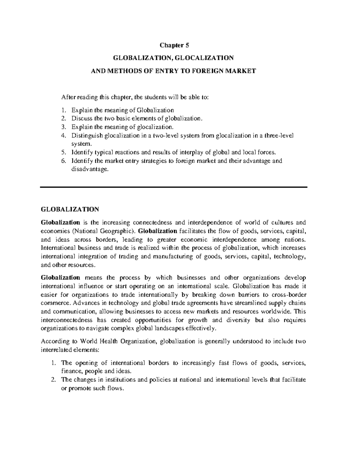 Chapter 5: Globalization, Glocalization & Market Entry Strategies - Studocu