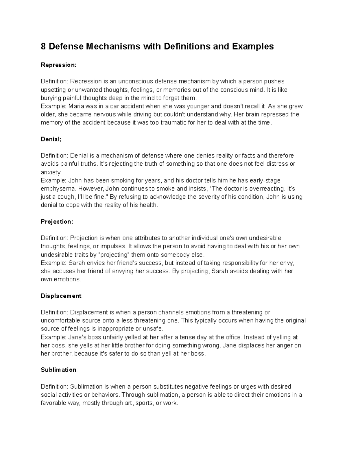 8 Defense Mechanisms: Definitions & Examples for Psychology 101 - Studocu