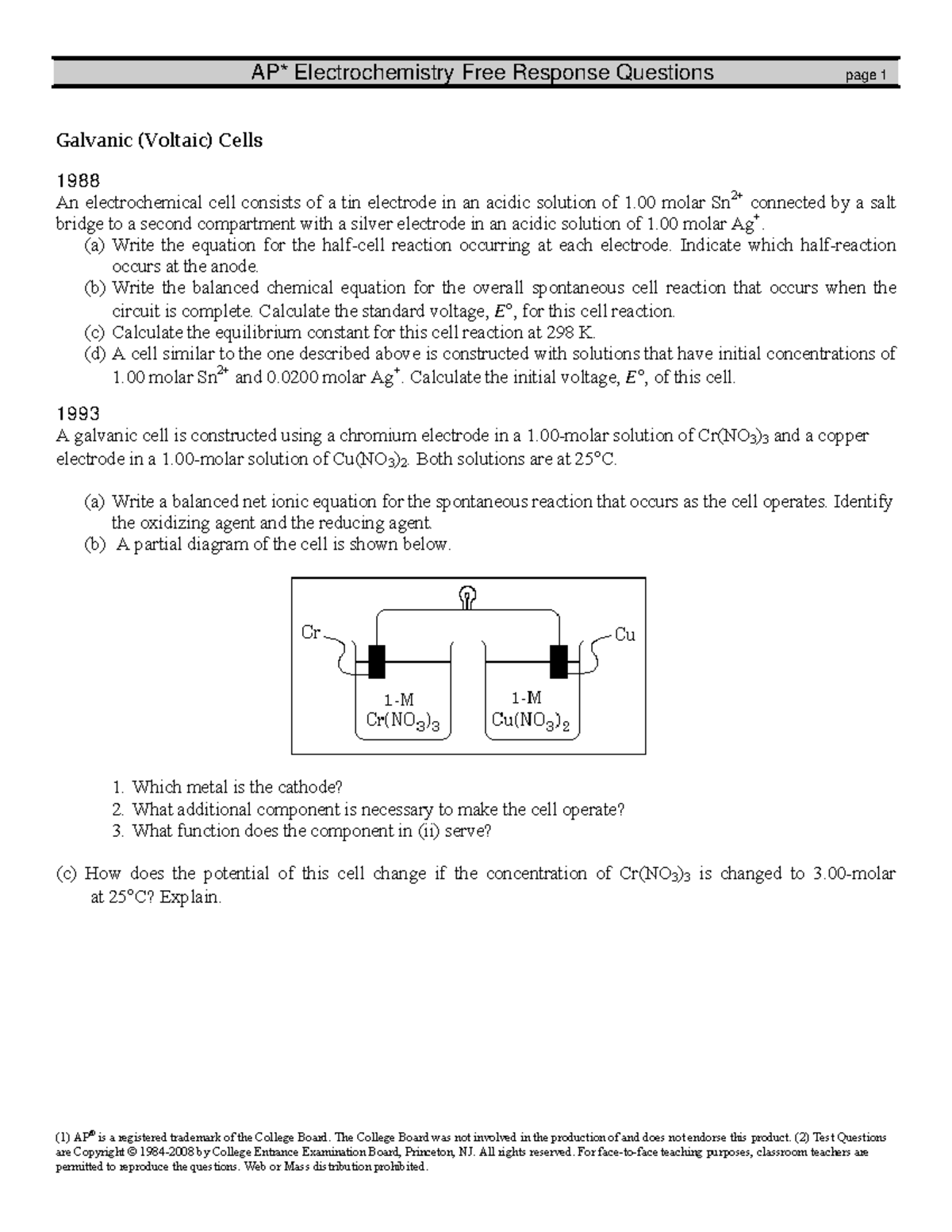 Electrochemistry FR Worksheet: Galvanic Cells & Reactions - Studocu