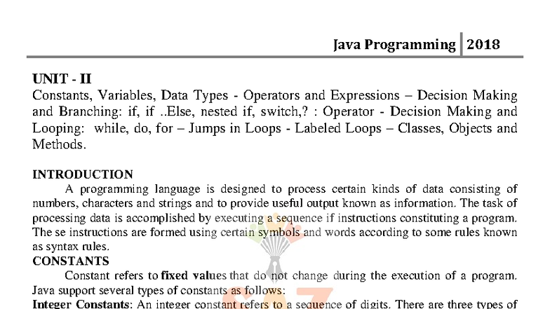 Java Programming 2018: UNIT II - Constants, Variables, Data Types & Operators - Studocu
